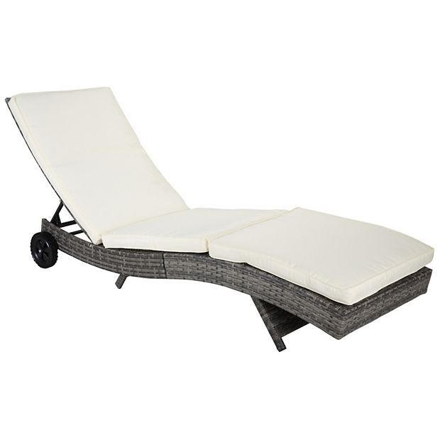 Patio Wicker Cushioned Chaise Lounge Chair Outdoor PE Rattan Sun Lounger w 5 Level Adjustable Backrest Wheels Off White