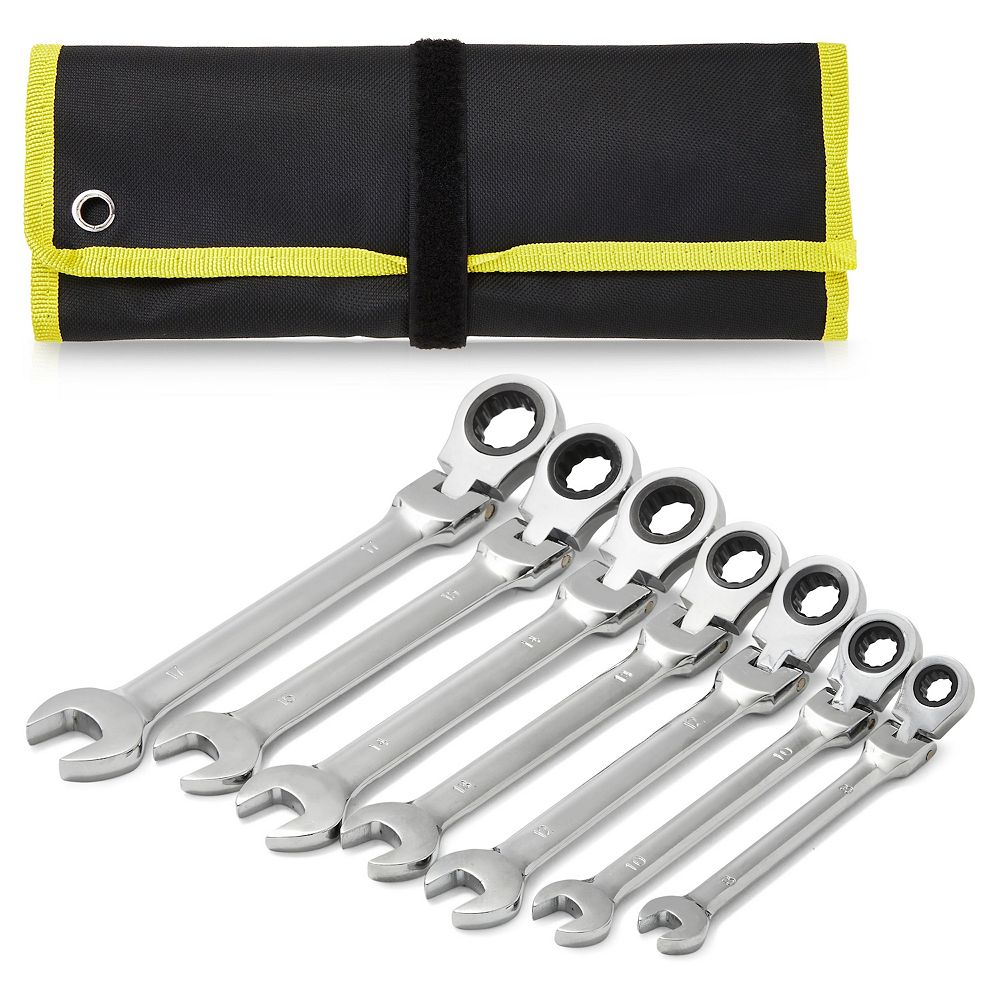 7 Piece Flex Head Ratcheting Wrench Set, Metric Steel Combination Wrenches