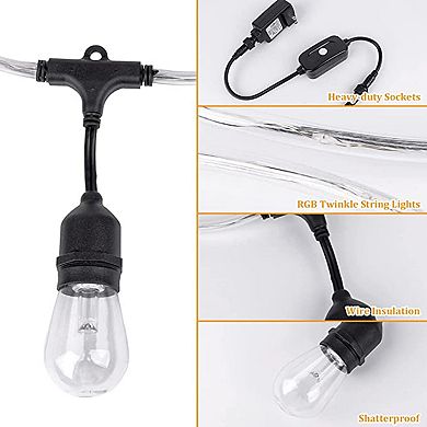 Defong 48 Foot Outdoor Dimmable RGB LED String Lights 15 Twinkle Bulbs