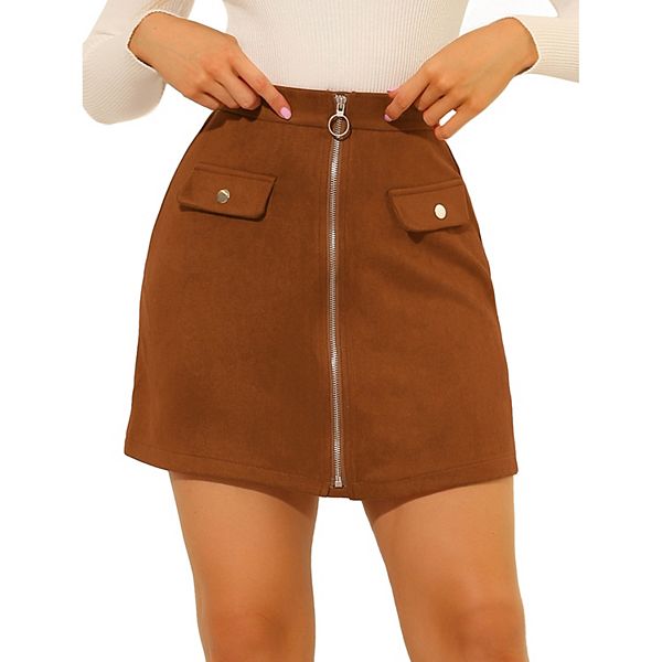 Womens High Waist Zipper Front Elastic Back Faux Suede Mini Skirt