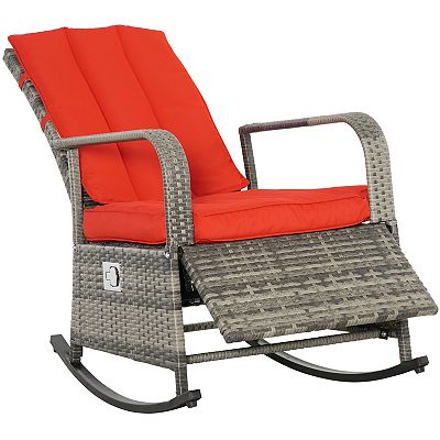 Outsunny Outdoor Rattan Wicker Rocking Chair Patio Recliner with Soft Cushion Adjustable Footrest Max. 135 Degree Backrest Red