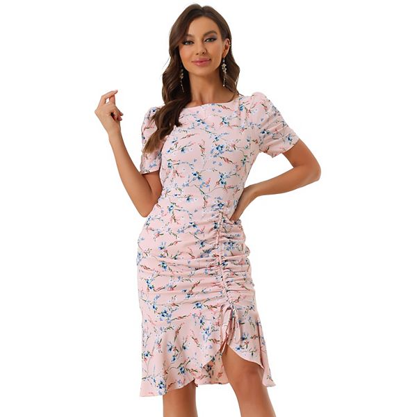 Women's Ruched Ruffle Hem Floral Fishtail Dress