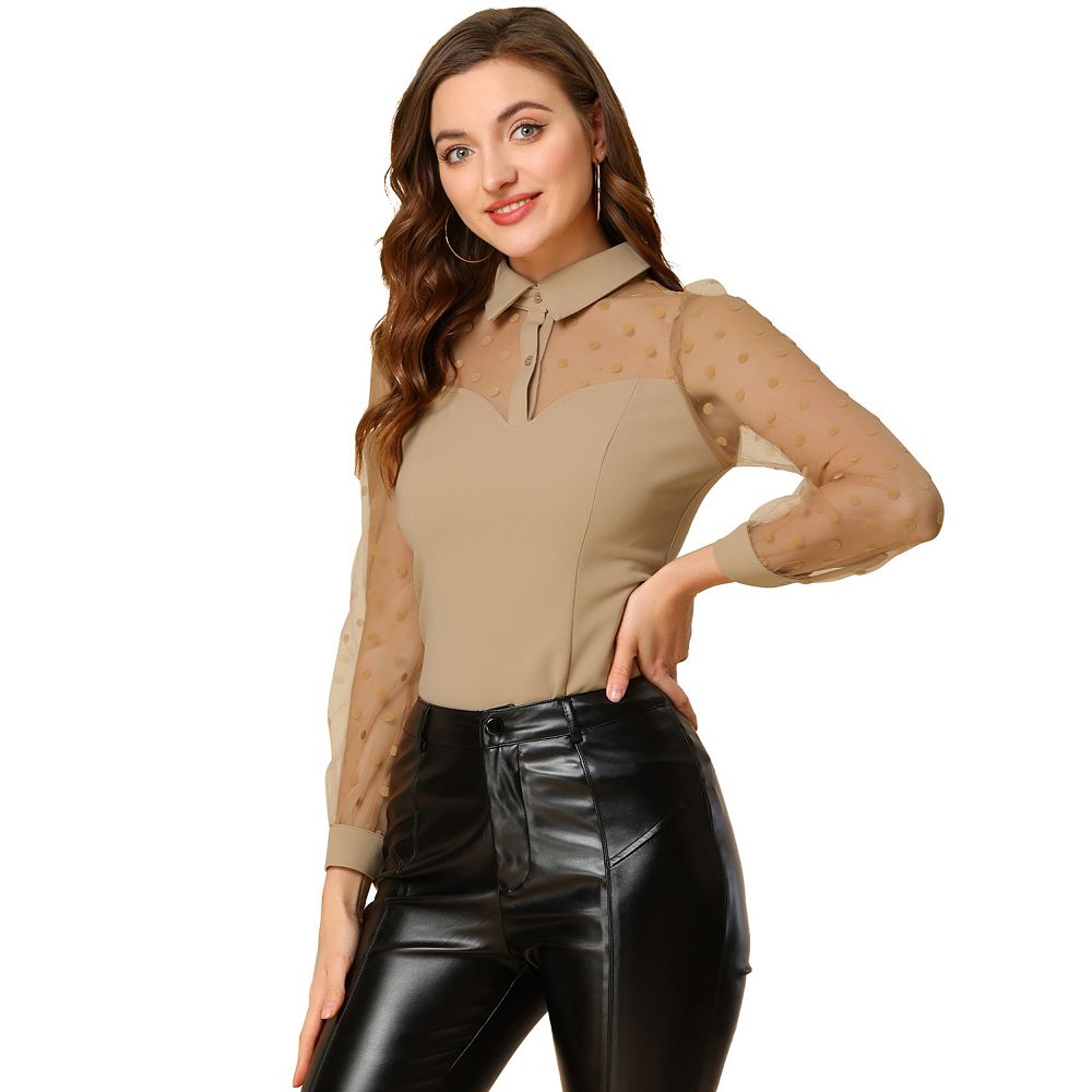 Women's Mesh Panel Dots Long Sleeve Button Front Half Placket Shirt