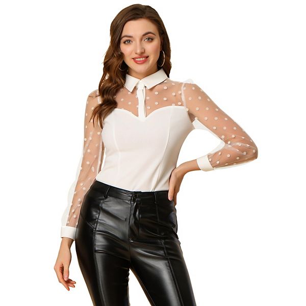 Women's Mesh Panel Dots Long Sleeve Button Front Half Placket Shirt