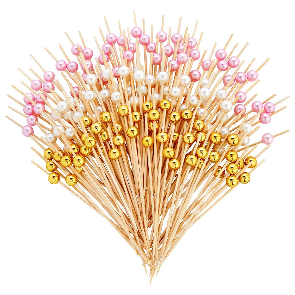 Pink, Gold, White Pearl Cocktail Picks, Wood Toothpicks (4.7 In, 150 Pack)