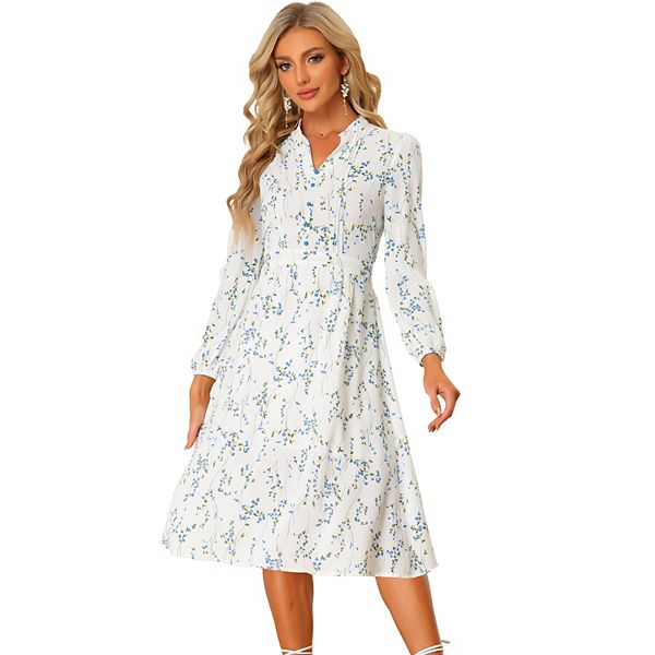 Women's Floral Print Long Sleeve Spring Flowy Midi Boho Dress