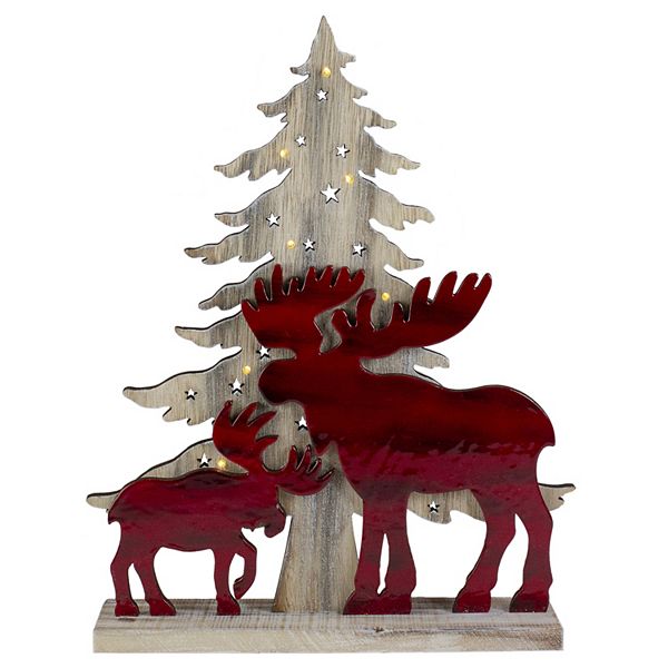 13.5" LED Lighted Glossy Red Moose with Christmas Tree Decoration