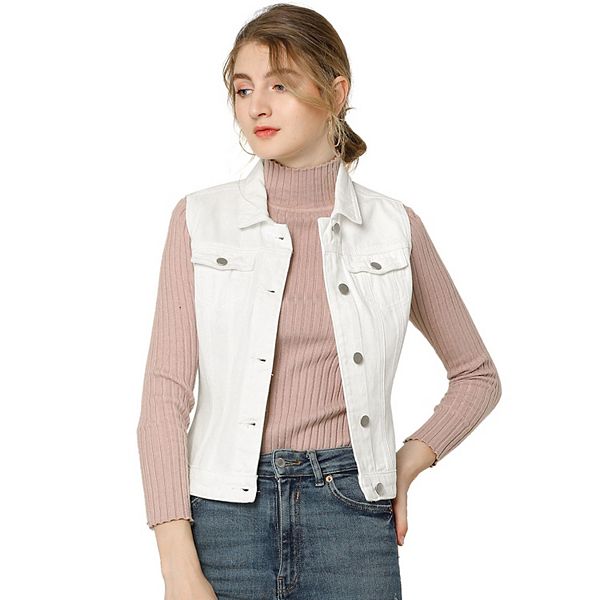 Women's Washed Chest Flap Pockets Single Breasted Denim Vest Jacket