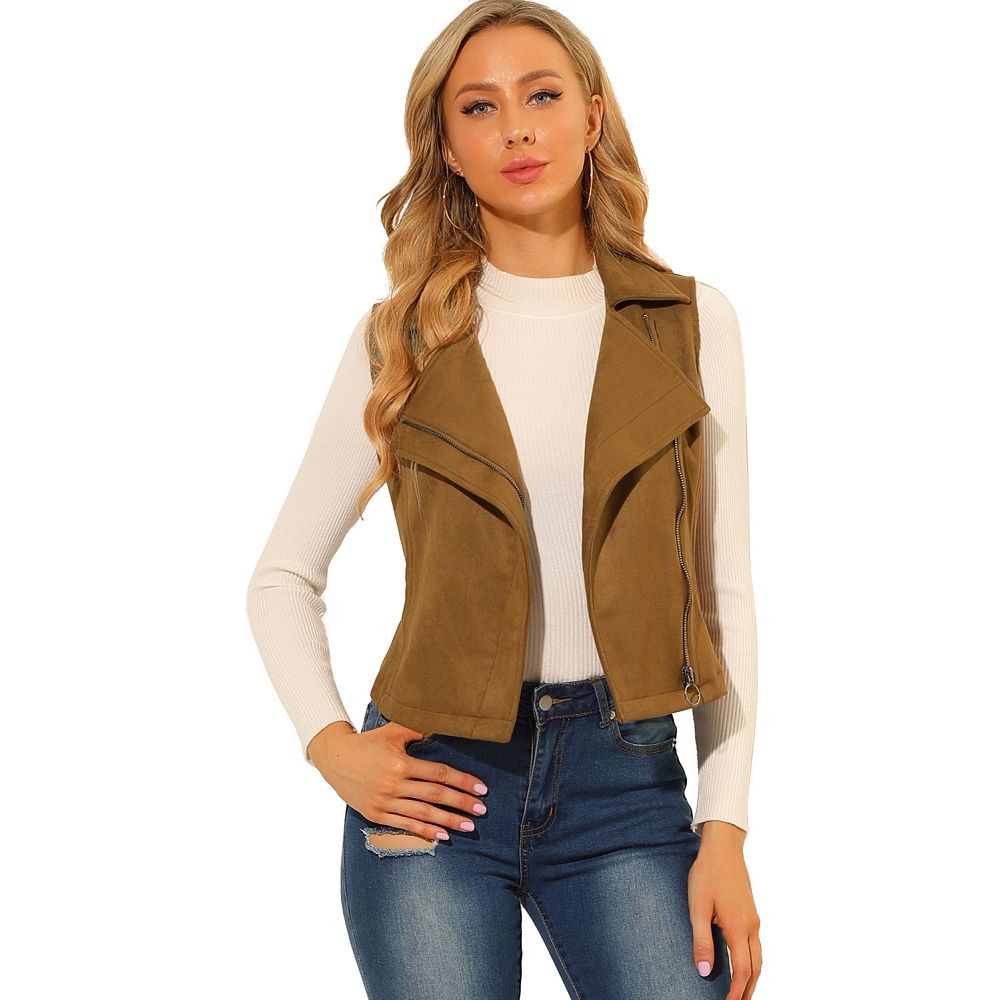 Women's Casual Faux Suede Sleeveless Short Biker Vest Jacket