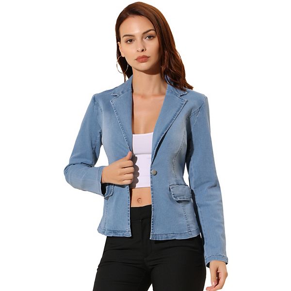 Women's Notched Lapel Button Up Long Sleeve Washed Denim Jacket