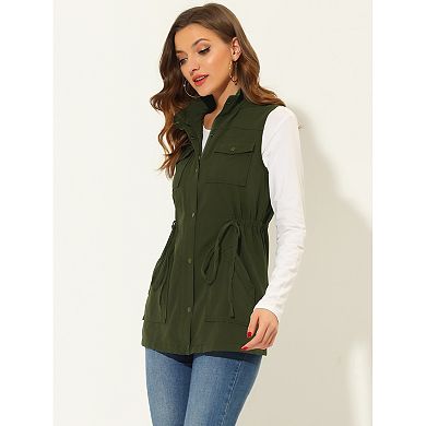 Women's Stand Collar Washed Hoody Zipper Front Drawstring Waist Pocket ...