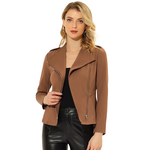Women's Notched Lapel Long Sleeves Zipper Motorcycle Jacket
