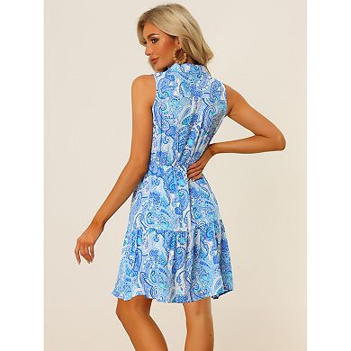 Women's Paisley Pattern Sleeveless Shirtdress with Drawstring Waist