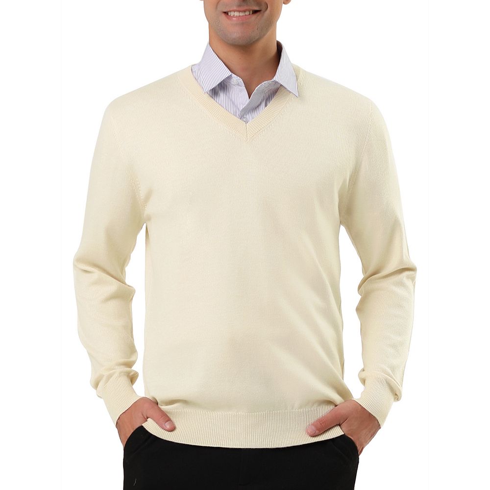 Men's Solid Color Knitted Long Sleeves V Neck Pullover Sweater
