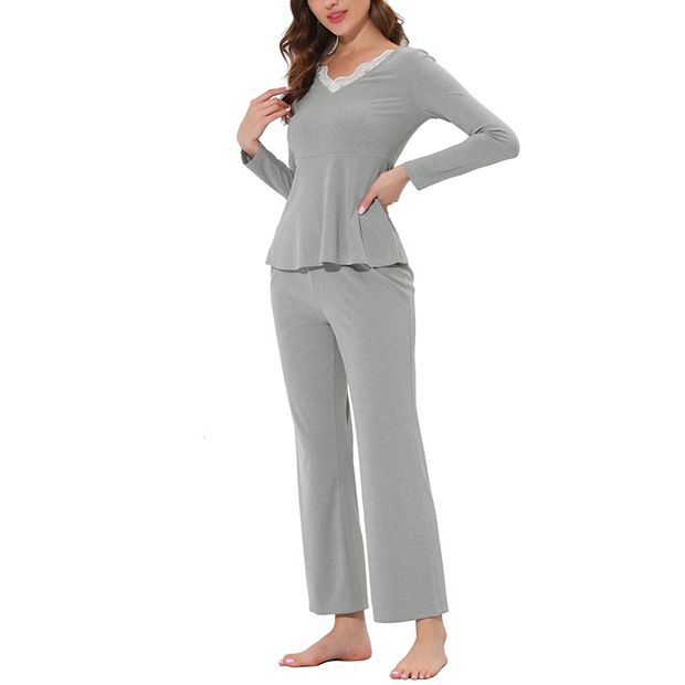 Unique Bargains Women s Pajama Knit with Lace Stretchy Nightwear Lounge Sleepwear Sets Size XS Gray