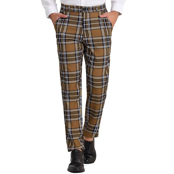 Men's Plaid Slacks Regular Fit Flat Front Work Prom Checked Pants