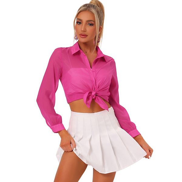 Women's Mesh Sheer Tops Point Collar Long Sleeve Button Down Shirt