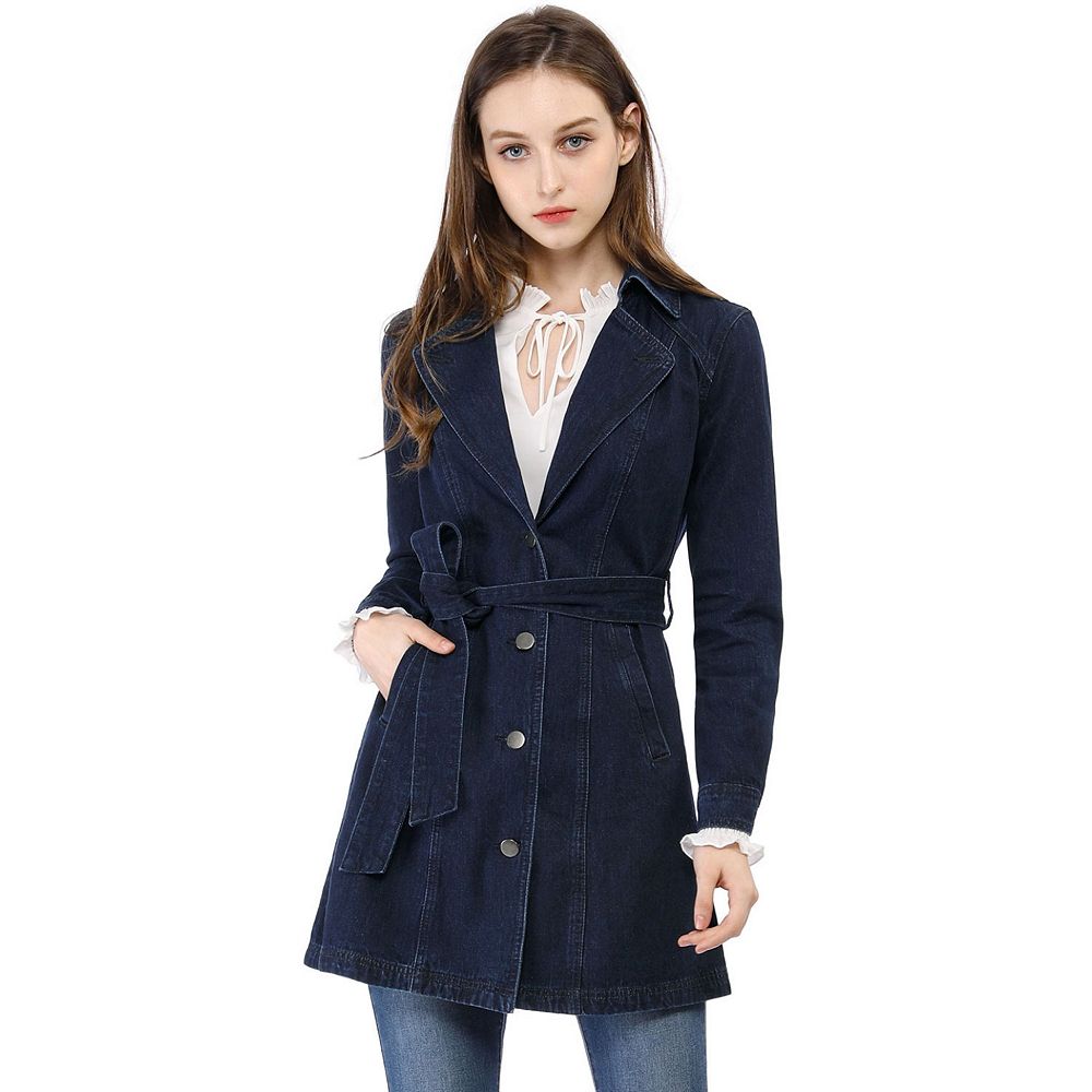 Women's Notched Lapel Long Sleeves Button Belted Long Denim Jacket