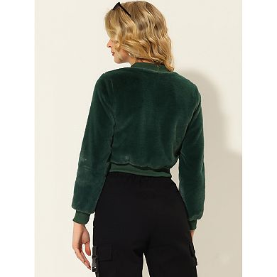 Women's Long Sleeve Zip Up Fluffy Faux Fur Bomber Cropped Jacket