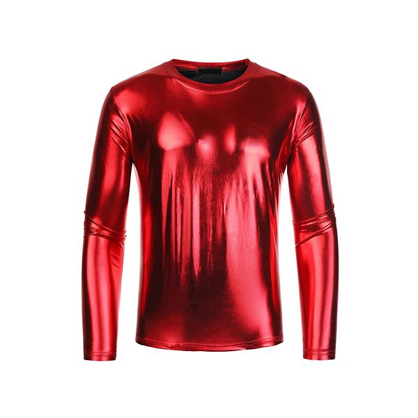 Men's Metallic T-shirt Round Neck Long Sleeves Shining Disco Tee Top