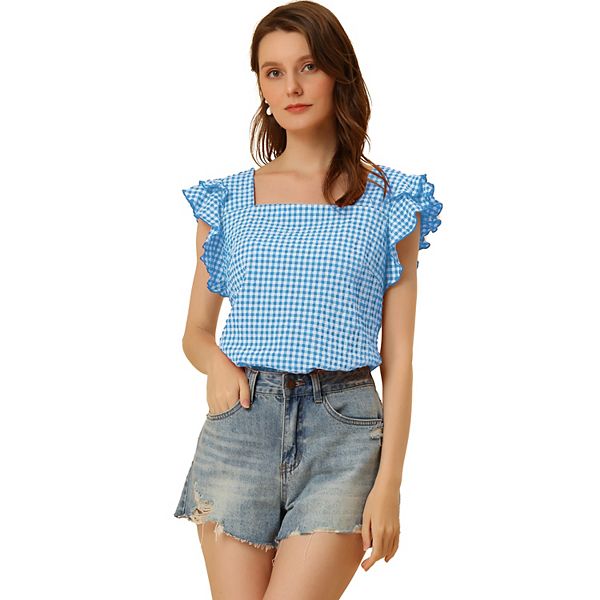 Summer Gingham Tops For Women's Square Neck Ruffle Sleeve Blouse