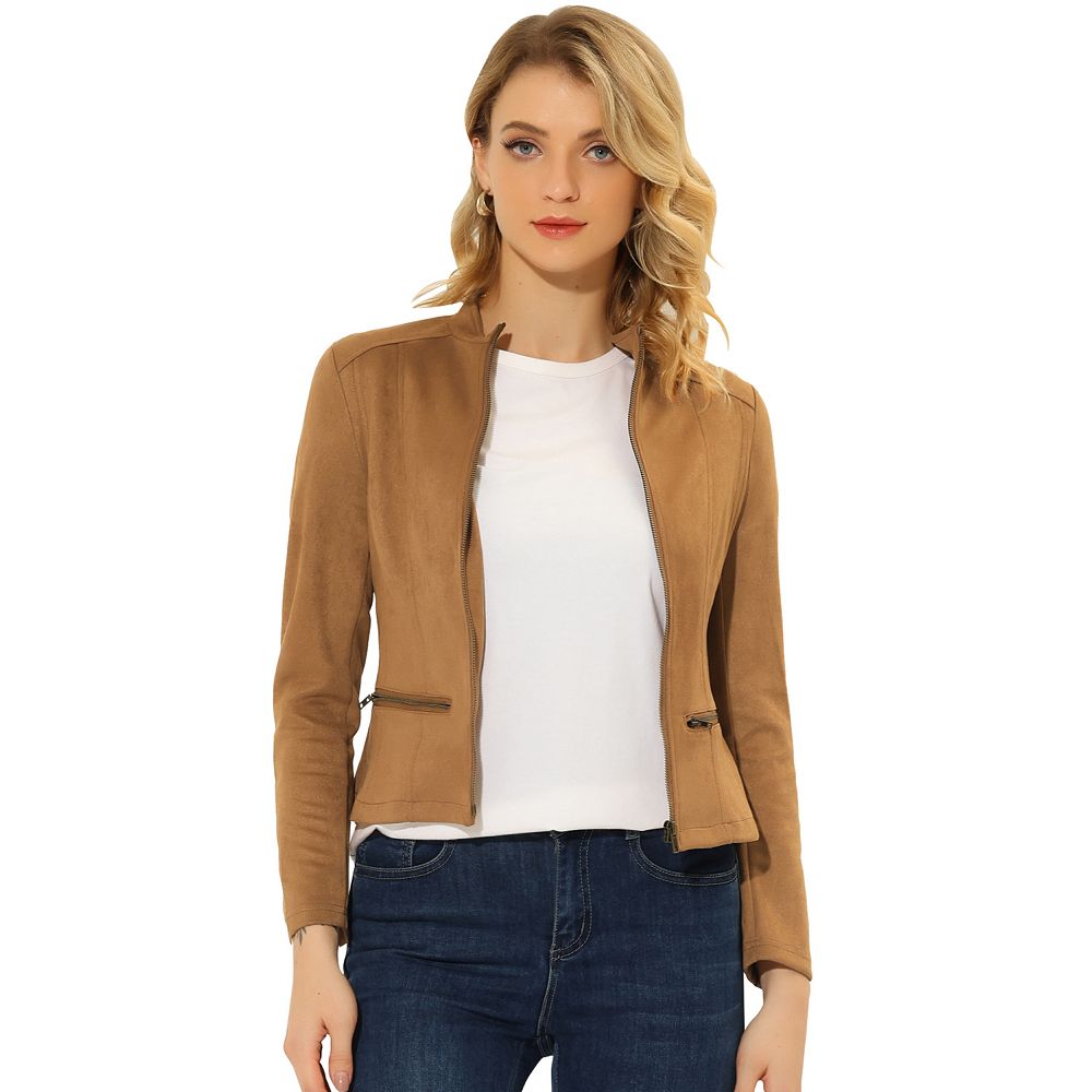 Women's Faux Suede Stand Collar Zip Up Moto Biker Cropped Jacket