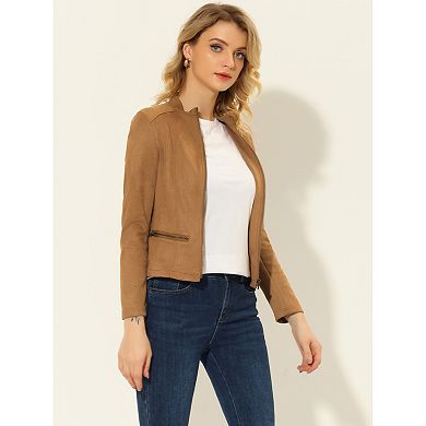 Women's Faux Suede Stand Collar Zip Up Moto Biker Cropped Jacket