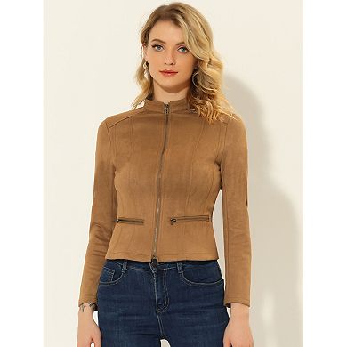 Women's Faux Suede Stand Collar Zip Up Moto Biker Cropped Jacket