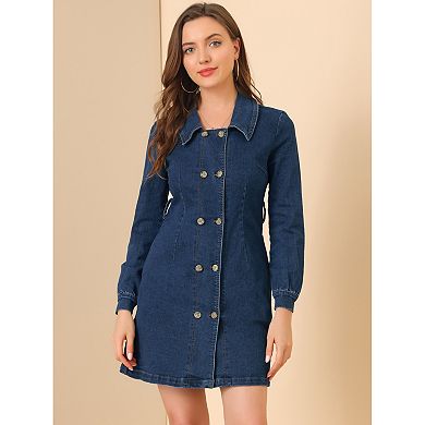 Women's Jean Dress Turnover Collar Double Breasted Button Down Belted ...