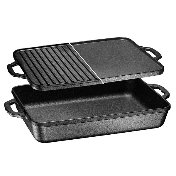 3-In-1 Pre-Seasoned Cast Iron Rectangle Pan With With Reversible Grill ...