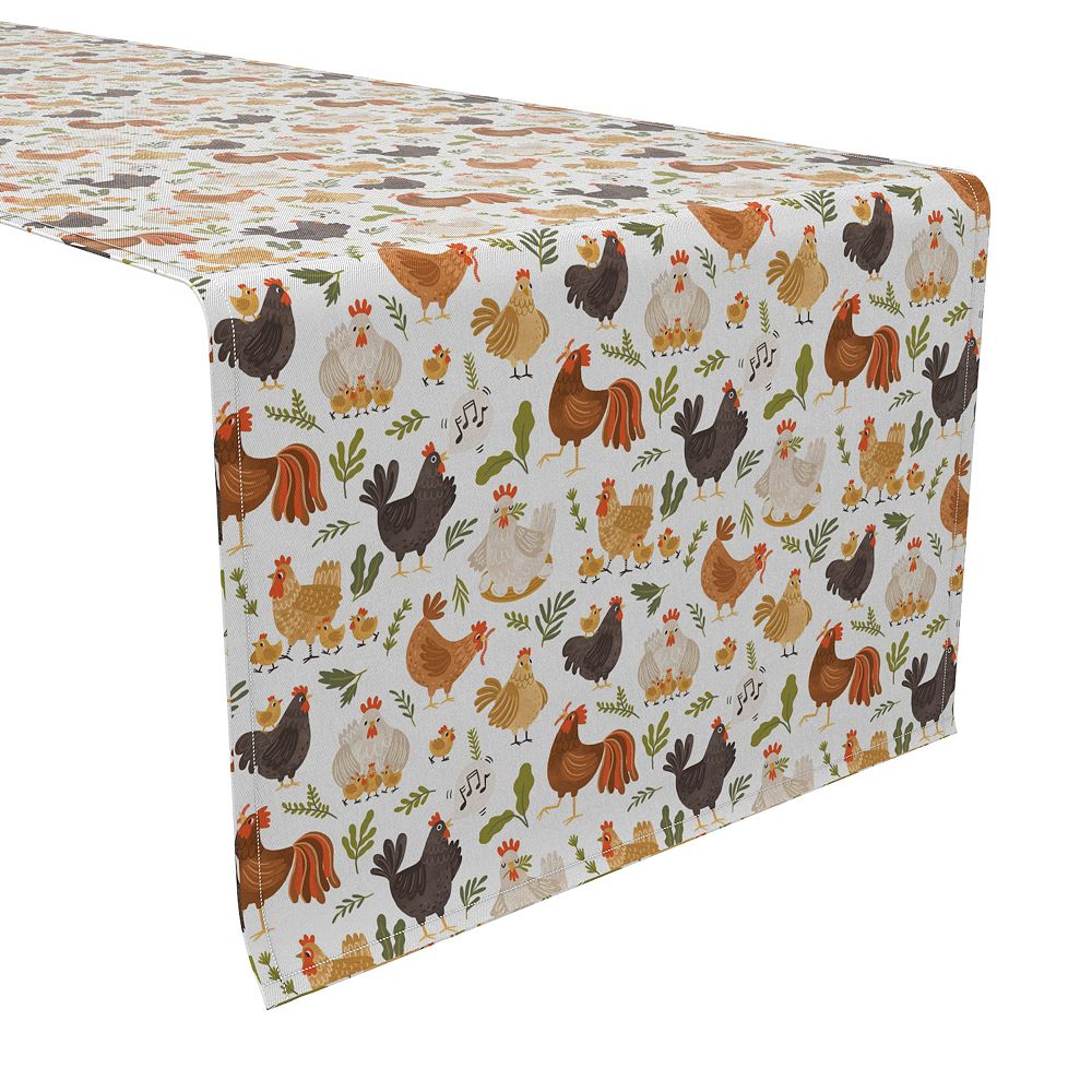 Table Runner, 100% Cotton, 16x72", Roosters Chickens and Hens