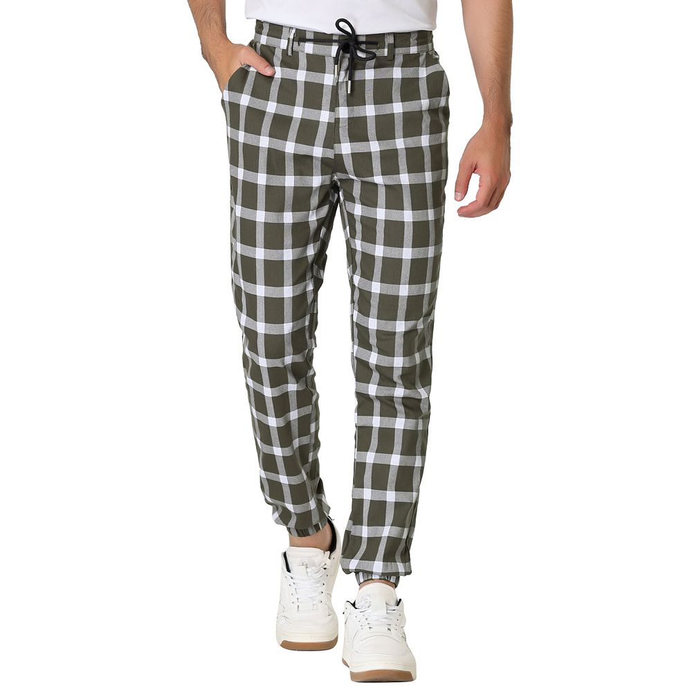 Men's Plaid Pants Casual Slim Fit Drawstring Check Trousers