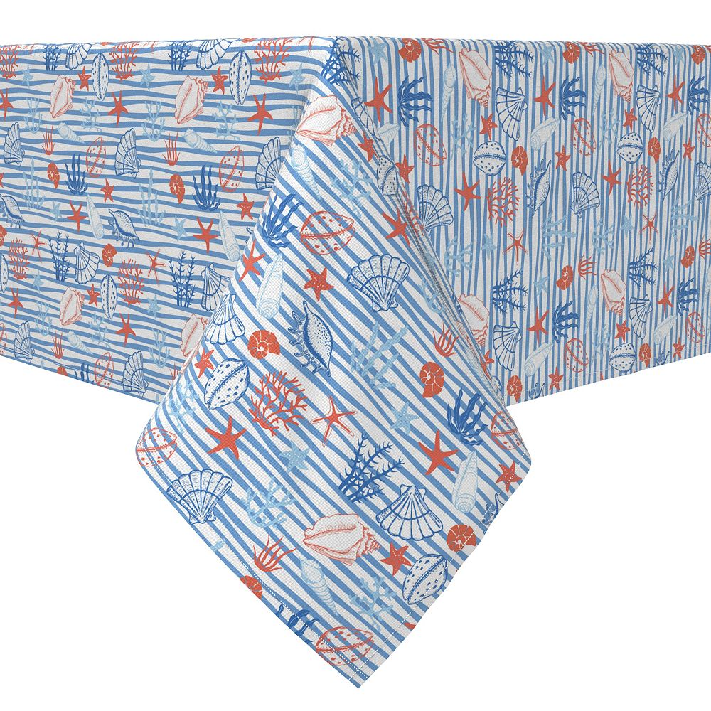 Square Tablecloth, 100% Cotton, 60x60", Sea Life Drawing in Stripes