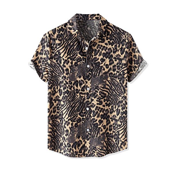 Men's Leopard Print Short Sleeve Vintage Animal Cheetah Print Shirt