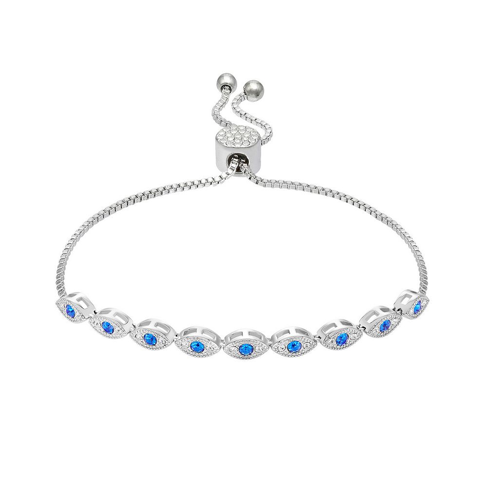 Brilliance Silver Plated Blue & White Crystal Evil Eye Link Adjustable Bracelet