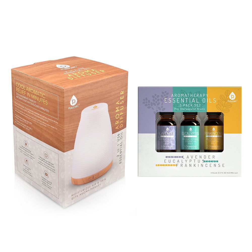 Pursonic Aromatherapy USB Diffuser & Essential Oil Set- Top 3 Oils with ...