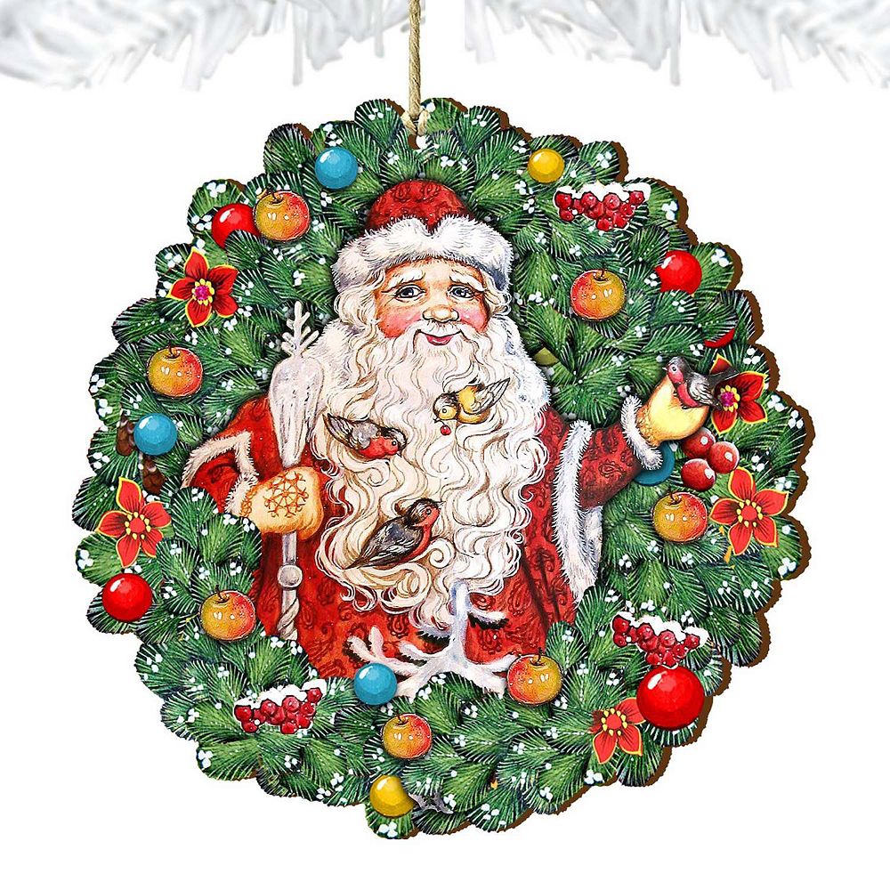 Santa Wreath with Birds Wooden Christmas Ornament by G. DeBrekht ...