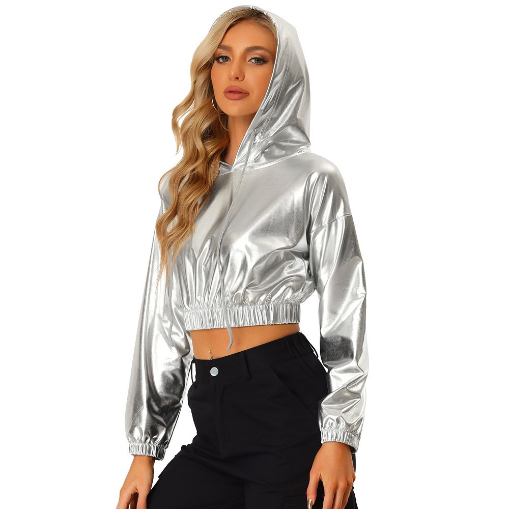 Women's Crop Top Hoodies Holographic Shiny Metallic Sweatshirts