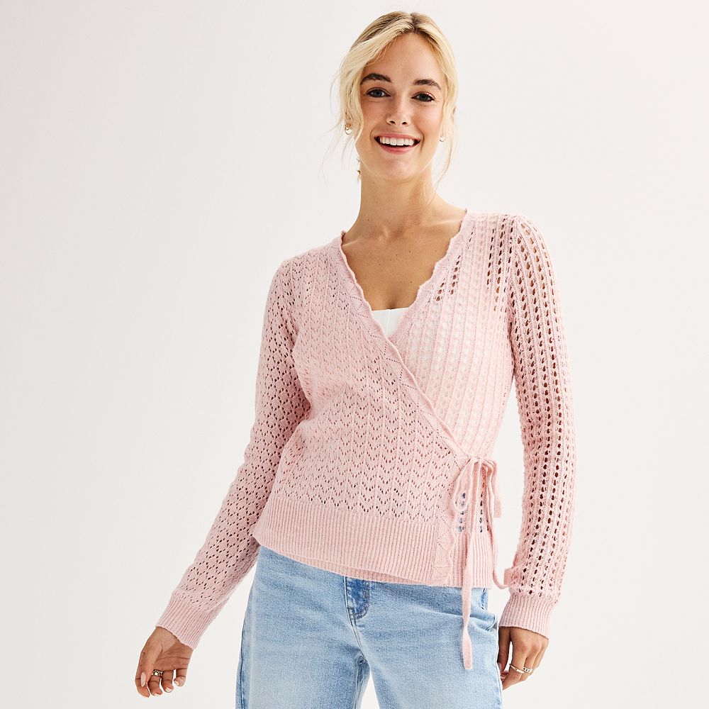 Juniors' SO® Pointelle Wrap Front Sweater