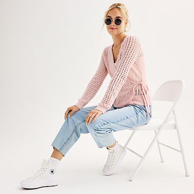 Juniors' SO® Pointelle Wrap Front Sweater