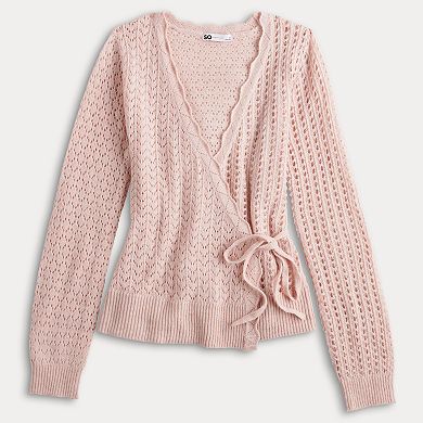 Juniors' SO® Pointelle Wrap Front Sweater