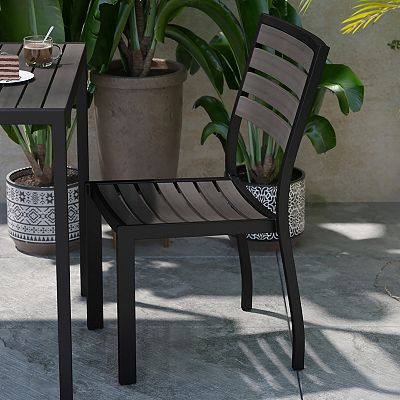 Flash Furniture Lark Outdoor Stackable Side Chair with Gray Wash Faux Teak Poly Slats Set of 2