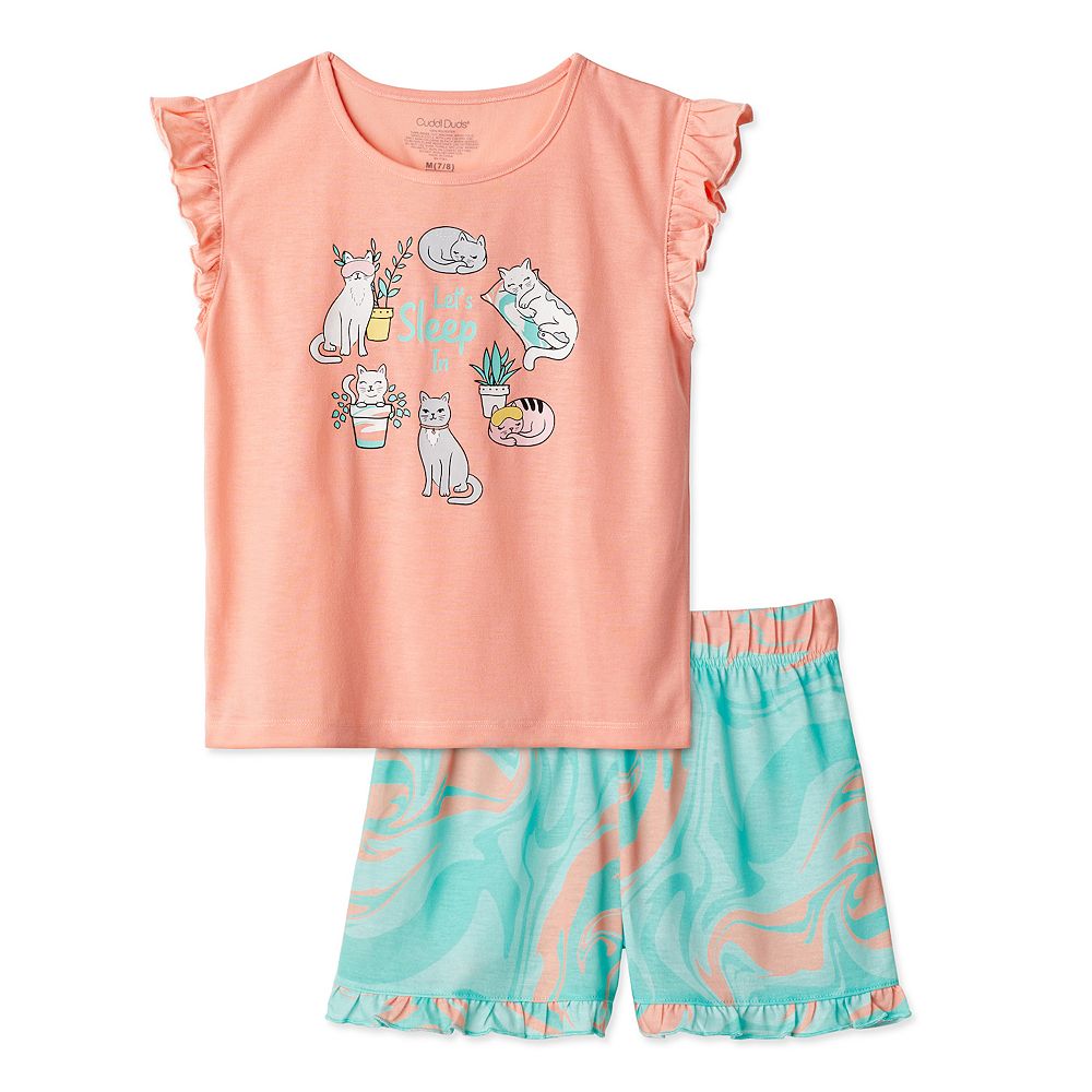 Girls 4-12 Cuddl Duds® Ruffle Sleeve Graphic Pajama Top & Pajama Shorts ...