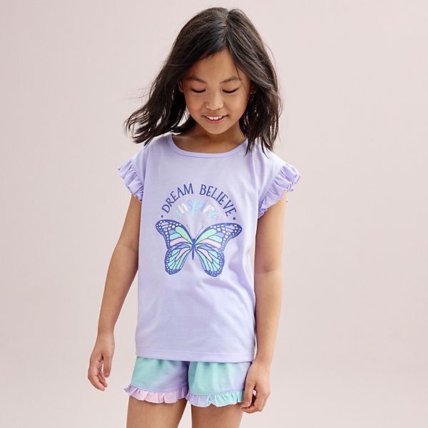 Girls 4-12 Cuddl Duds® Ruffle Sleeve Graphic Pajama Top & Pajama Shorts ...