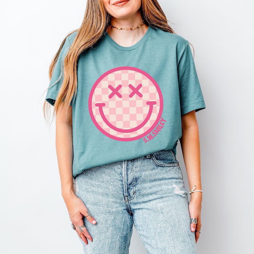 Simply Sage Market S.W.Smiley Pink Checker Smiley Face Short Sleeve Tee