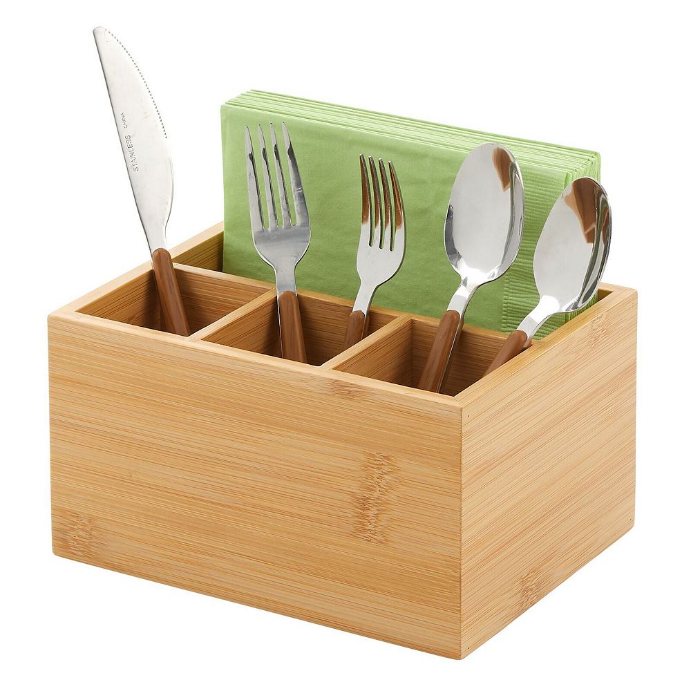 mDesign Bamboo Kitchen Cutlery/Utensil Storage Bin, 4 Sections - Natural