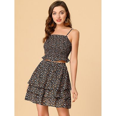 Women's Two Piece Ruffle Trim Cami Crop Top and Wrap Skirt Set