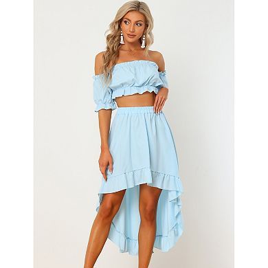Women's Two Piece Outfits Off Shoulder Crop Top High Low Skirt Set