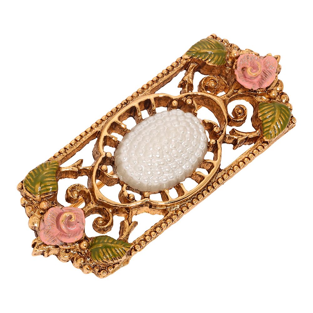 1928 Gold Tone Faux Pearl Pink Flower Rectangle Brooch