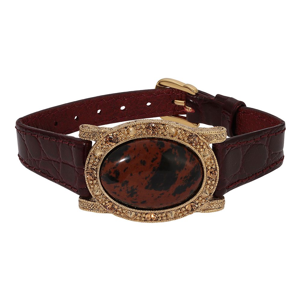 1928 Gold Tone Oval Brown Obsidian Bracelet